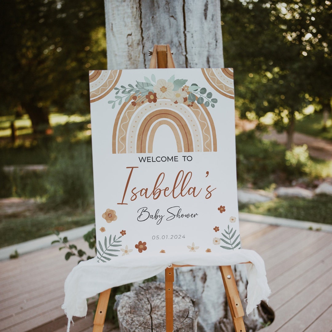 Boho Rainbow Baby Shower Welcome Sign, Floral Girl Baby Shower Sign ...