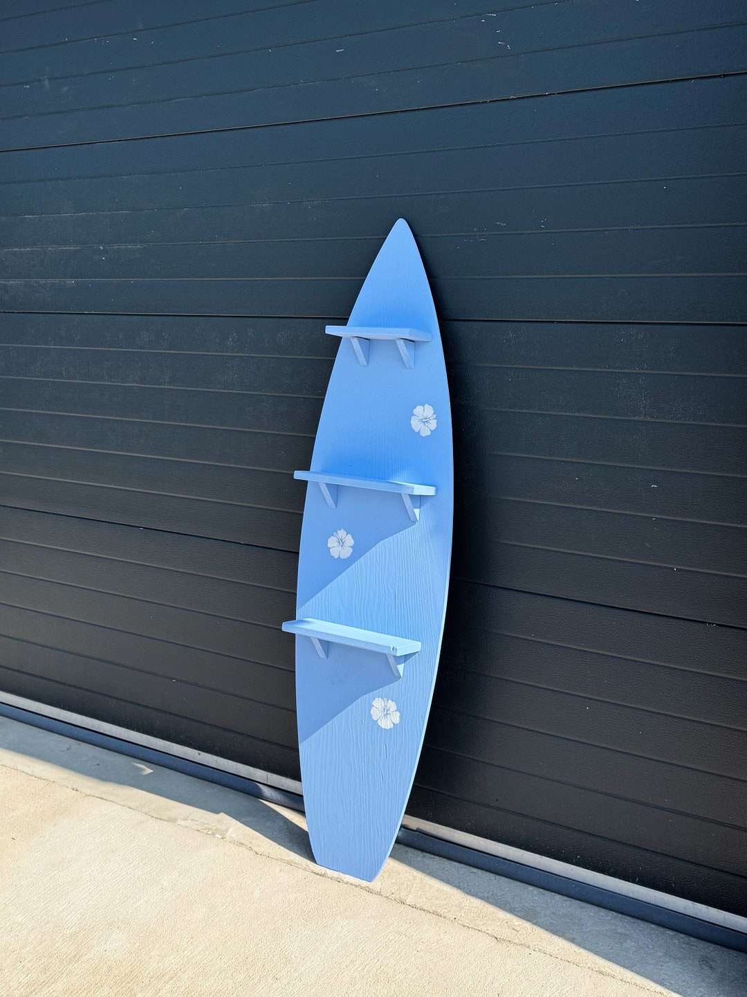 Decorative Surfboard Shelf With Hibiscus Accents in Pastel Blue - Etsy