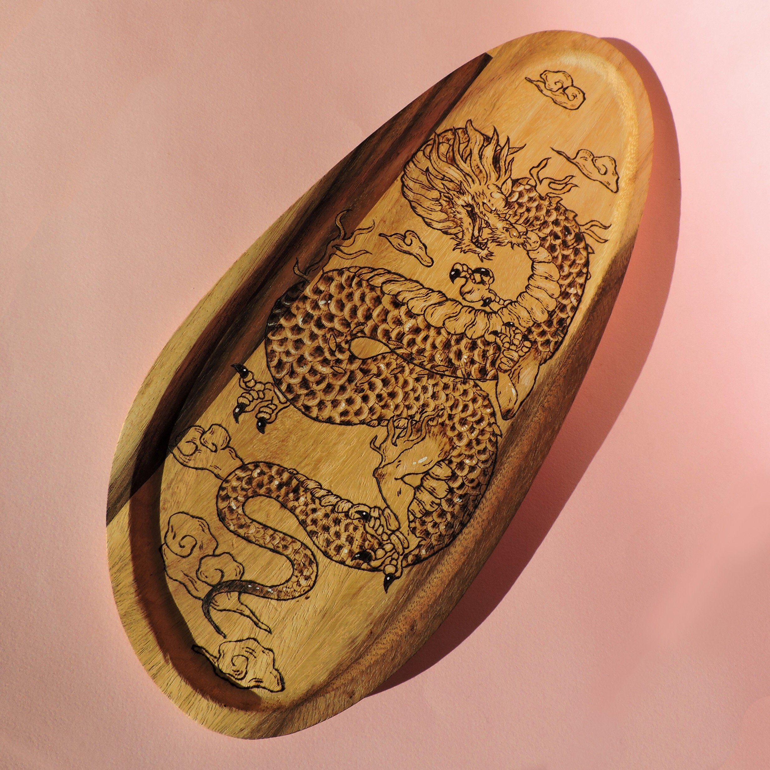 Dragon Wood Tray. Natural Wood Chopping Board. Pyrography Wood Tray ...
