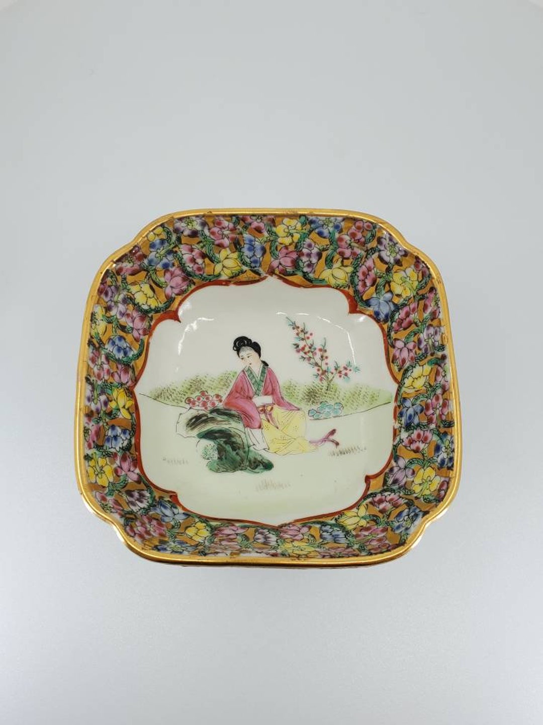 Antique Chinese Porcelain Square Bowl With Floral Designs and Woman in ...