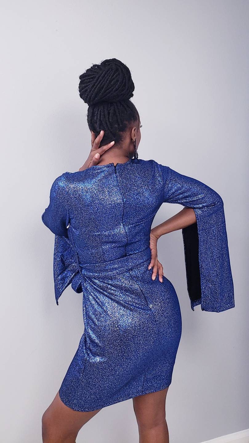 Glitter Bell Sleeve Tie Mini Dress Blue - Etsy
