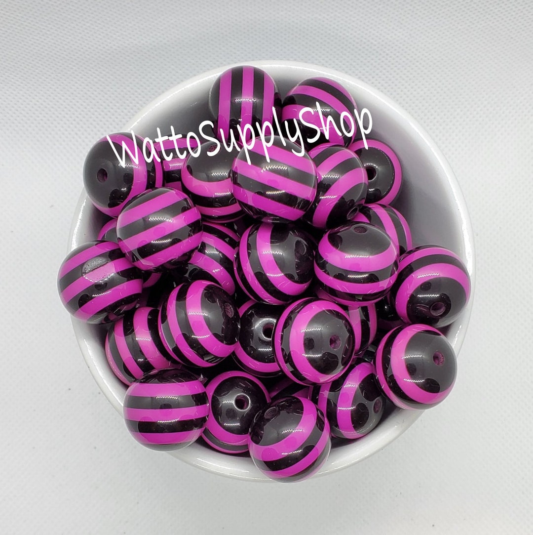20mm Black and Hot Pink Stripe Print Pattern Chunky Bead / Bag of 10 ...