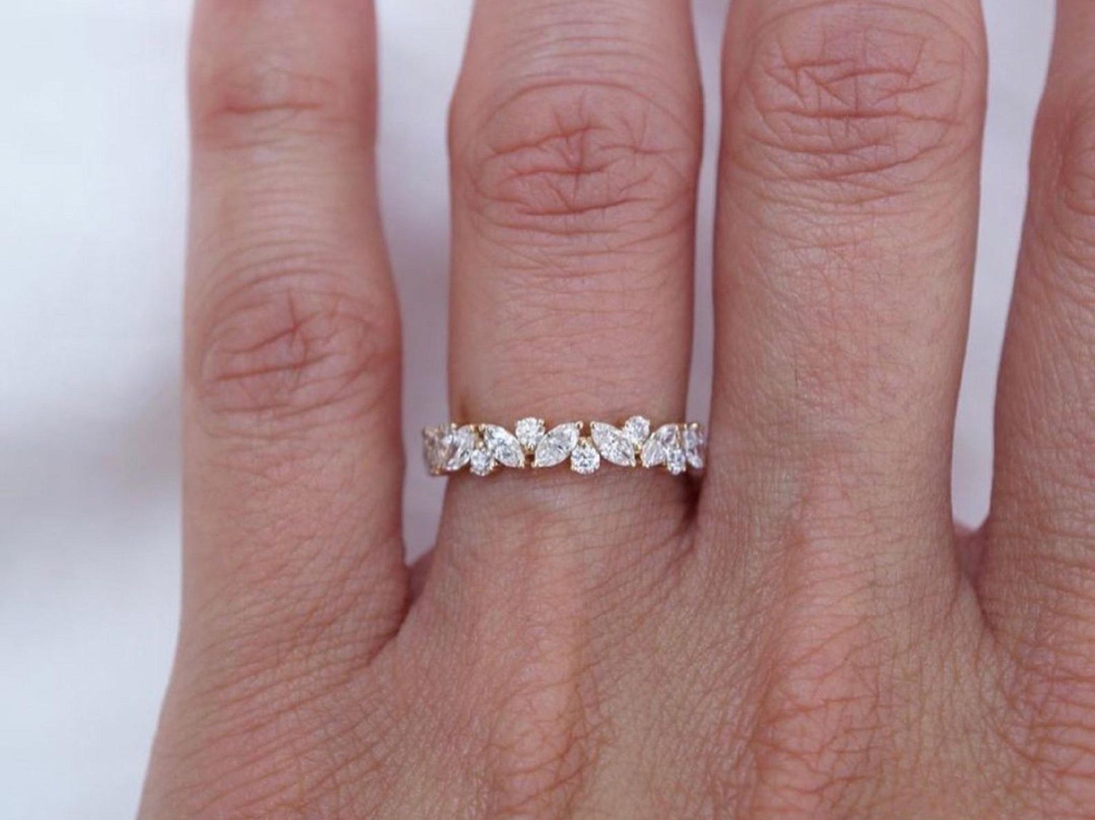Marquise and Round Moissanite Notched Wedding Band Matching Stackable ...