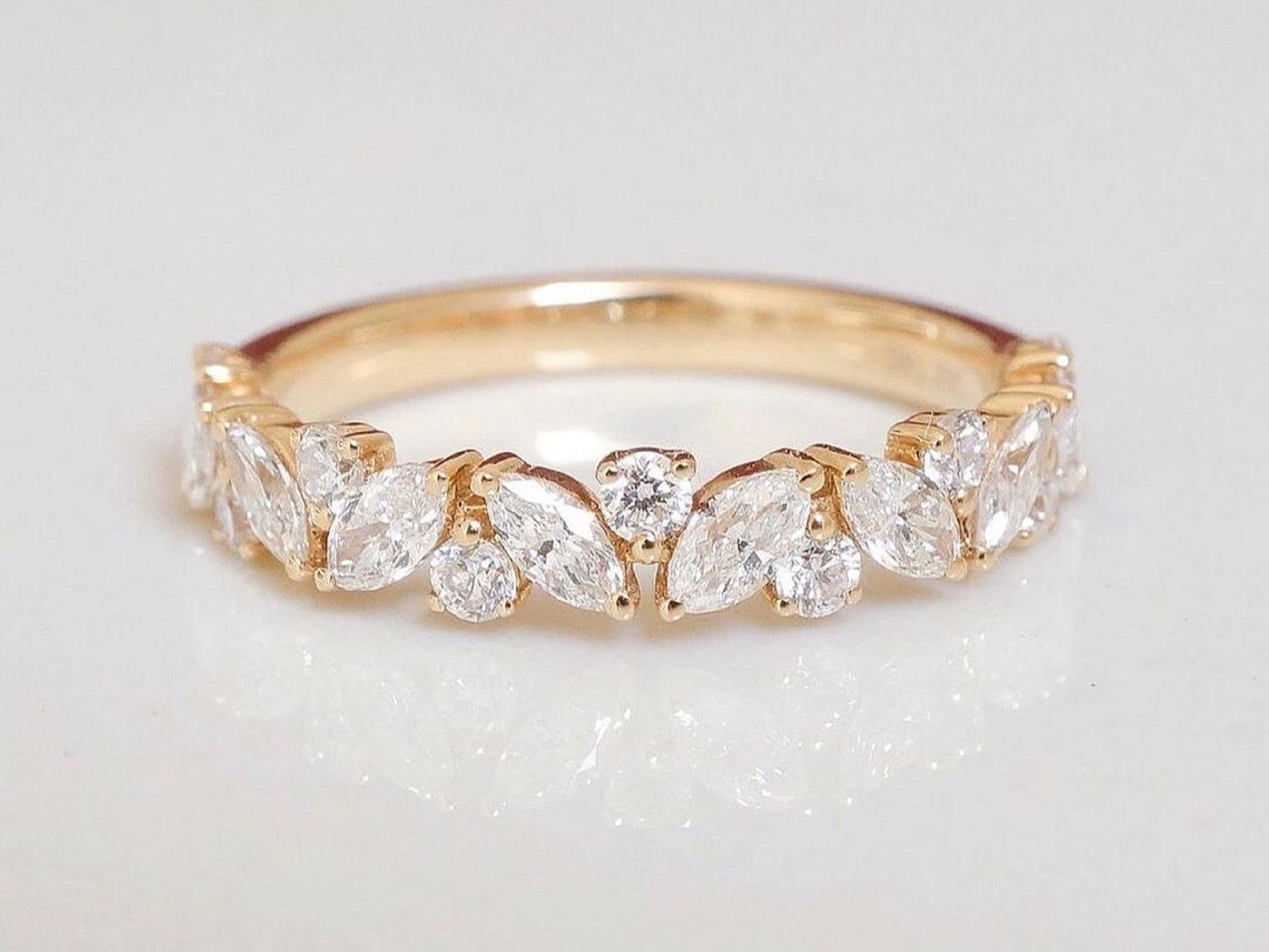 Marquise and Round Moissanite Notched Wedding Band Matching Stackable ...