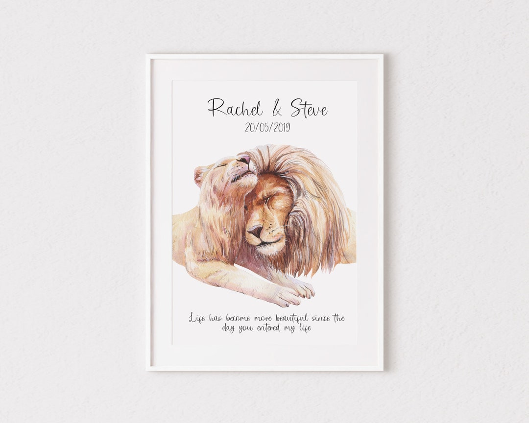A4 Personalised Lion and Lioness Print, Couple, Valentines Day, Gift ...