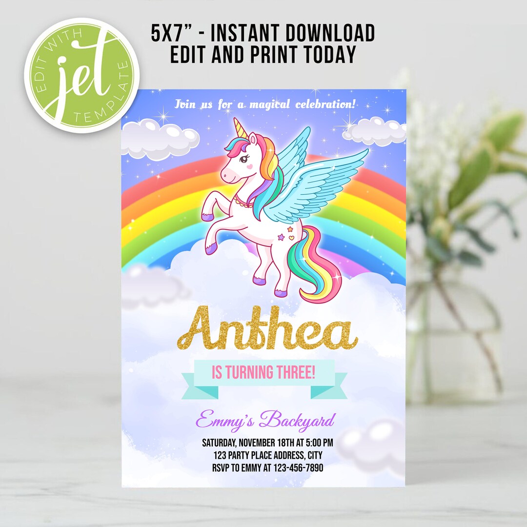 Editable Unicorn Rainbow V1 Birthday Invitation DIGITAL FILE INSTANT ...