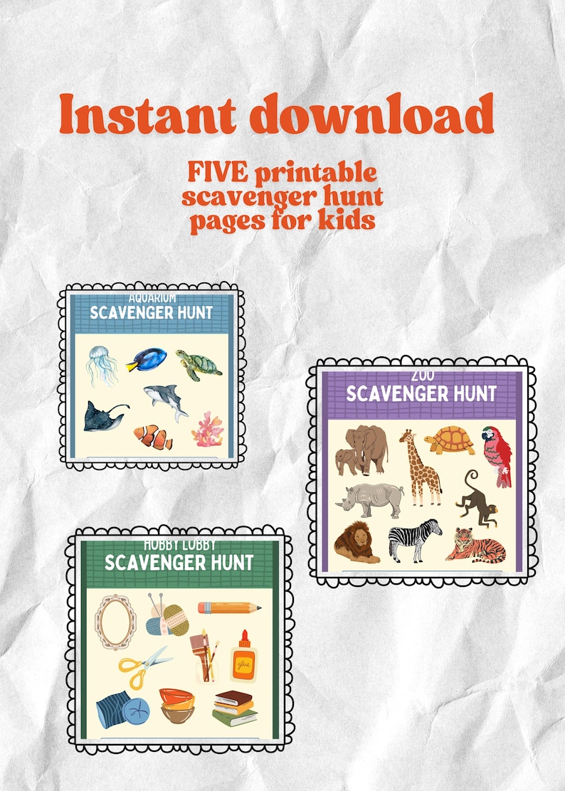 FIVE Printable Kids Scavenger Hunt Pages | Instant Download - Etsy