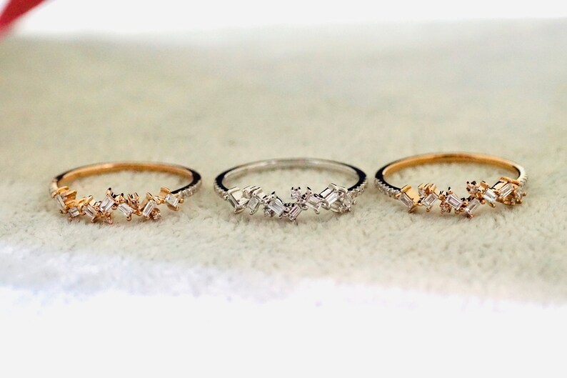 Cluster Diamond Ring Baguette and Round Band in Solid Gold - Etsy