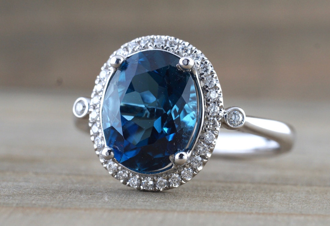 Emma London Blue Topaz Diamond Halo Ring 14k Gold - Etsy