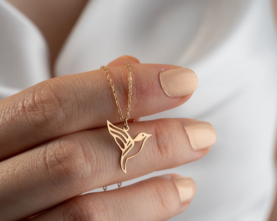 Dainty Hummingbird Necklace, Tiny Hummingbird Pendant, 14K Gold ...