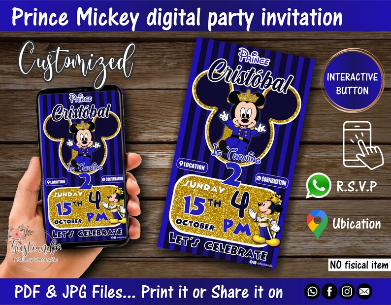 BLUE PRINCE Mickey Digital Interactive Birthday Invitation / Royal Mickey Mouse/ Party Birthday ...