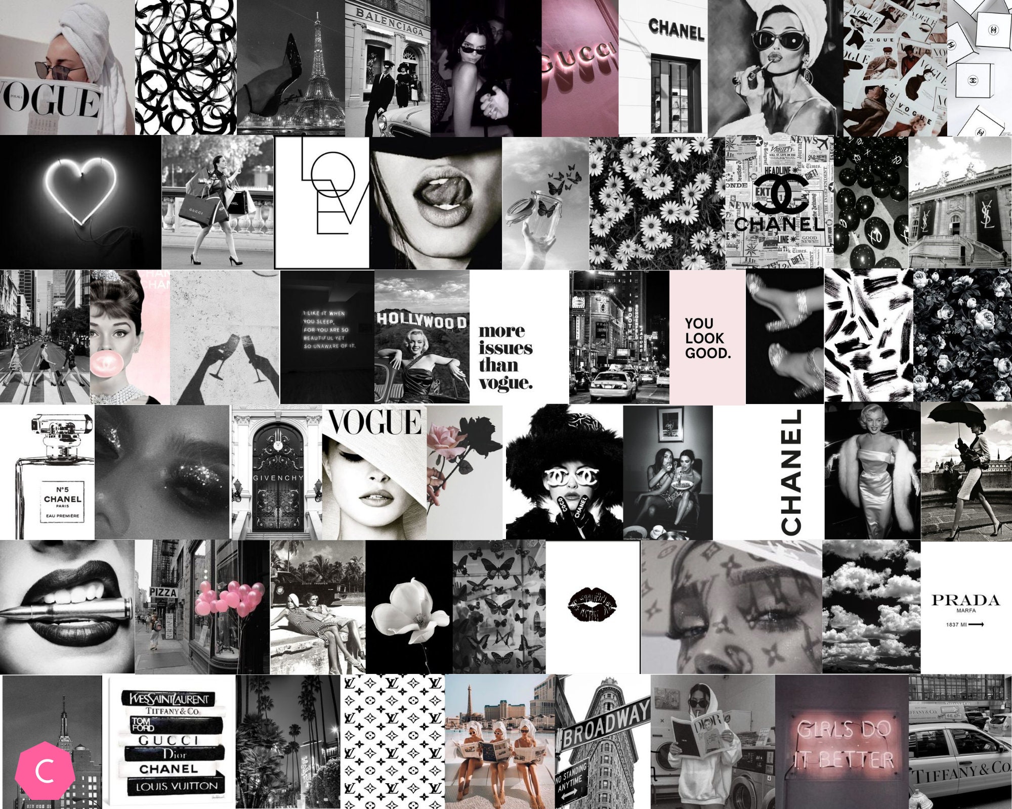 Ready To Print Black And White Boujee Aesthetic Wall Collage Kit Pack 