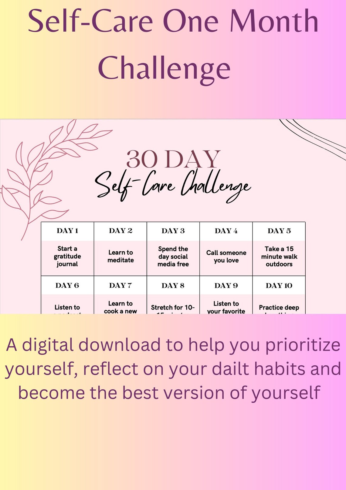 30 Day Self Love Challenge Sheet Self Care Challenge Digital Planner ...