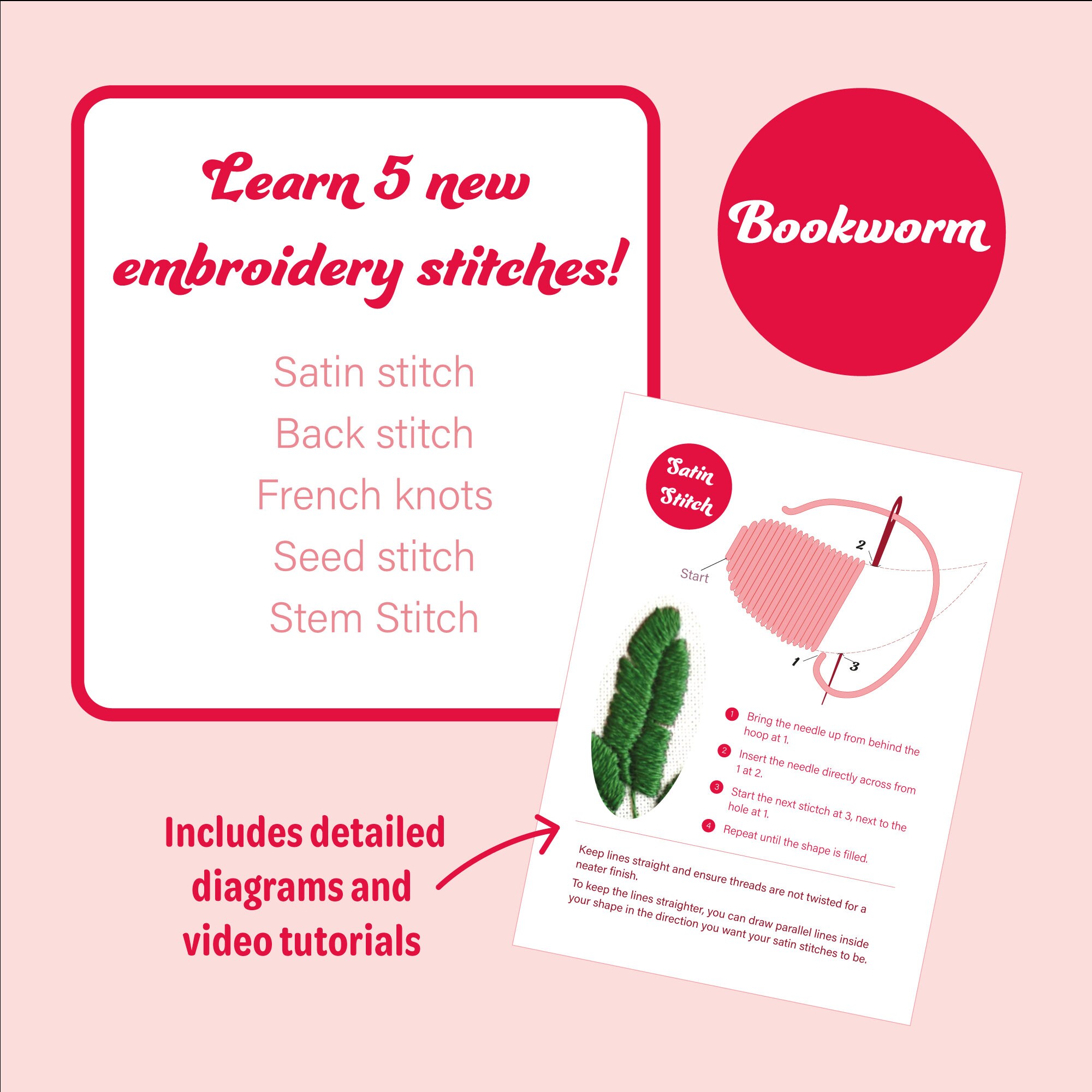 Bookworm Embroidery Pattern Pdf-contemporary Modern Beginner - Etsy