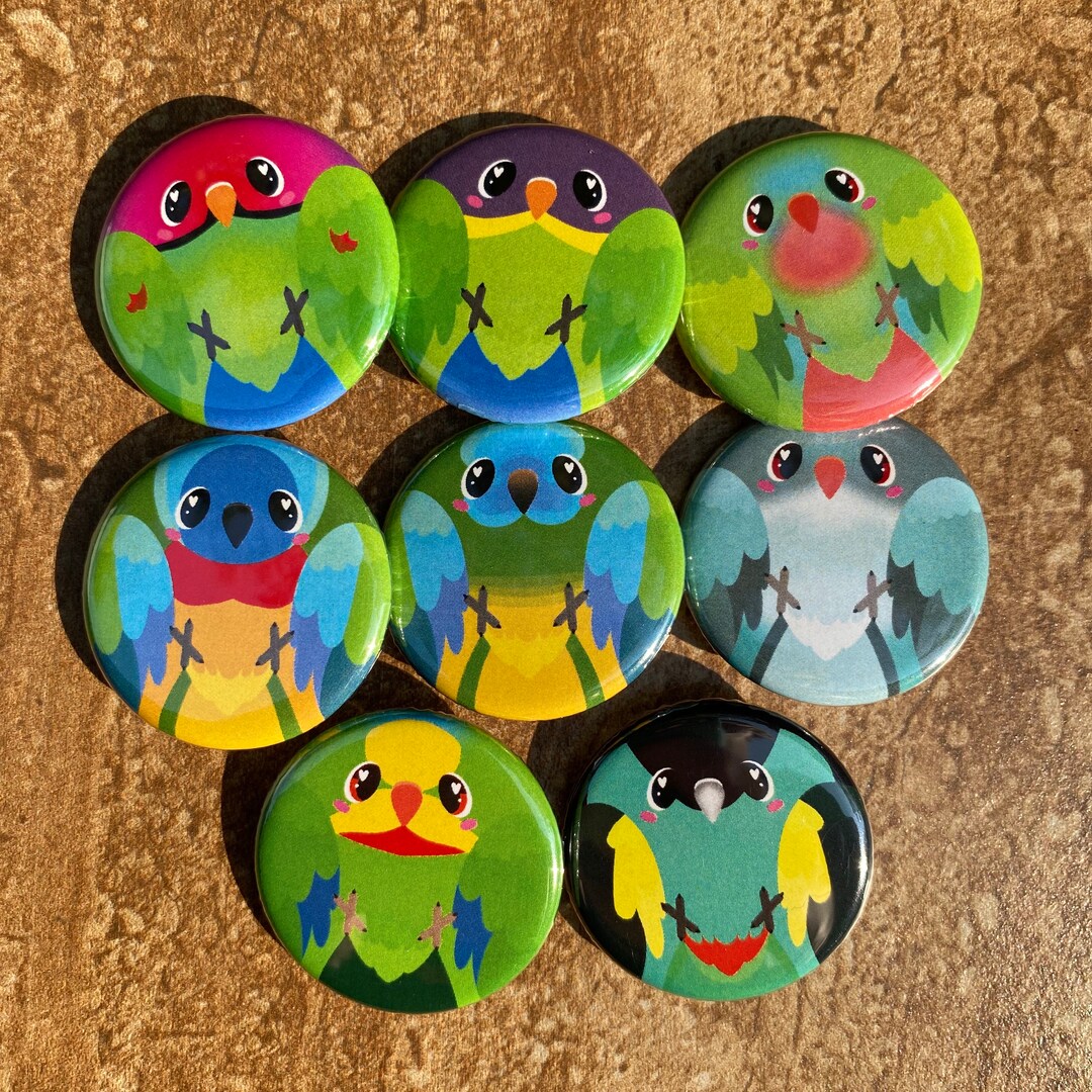 Assorted Parakeets Button Pin- Grass Parakeet/princess Parakeet/plum ...
