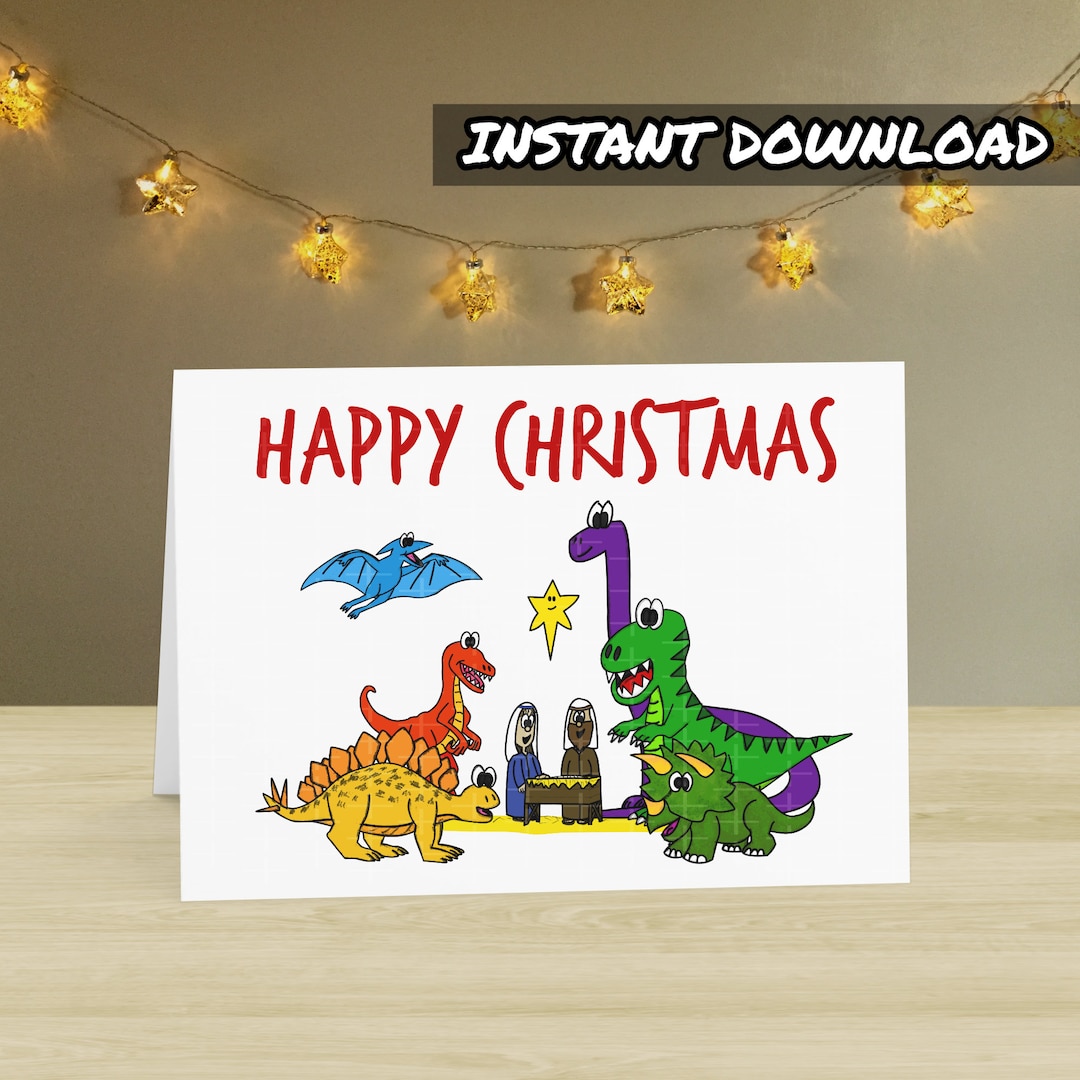 Dinosaur Christmas Nativity Card, Printable Xmas Card, Instant Download ...