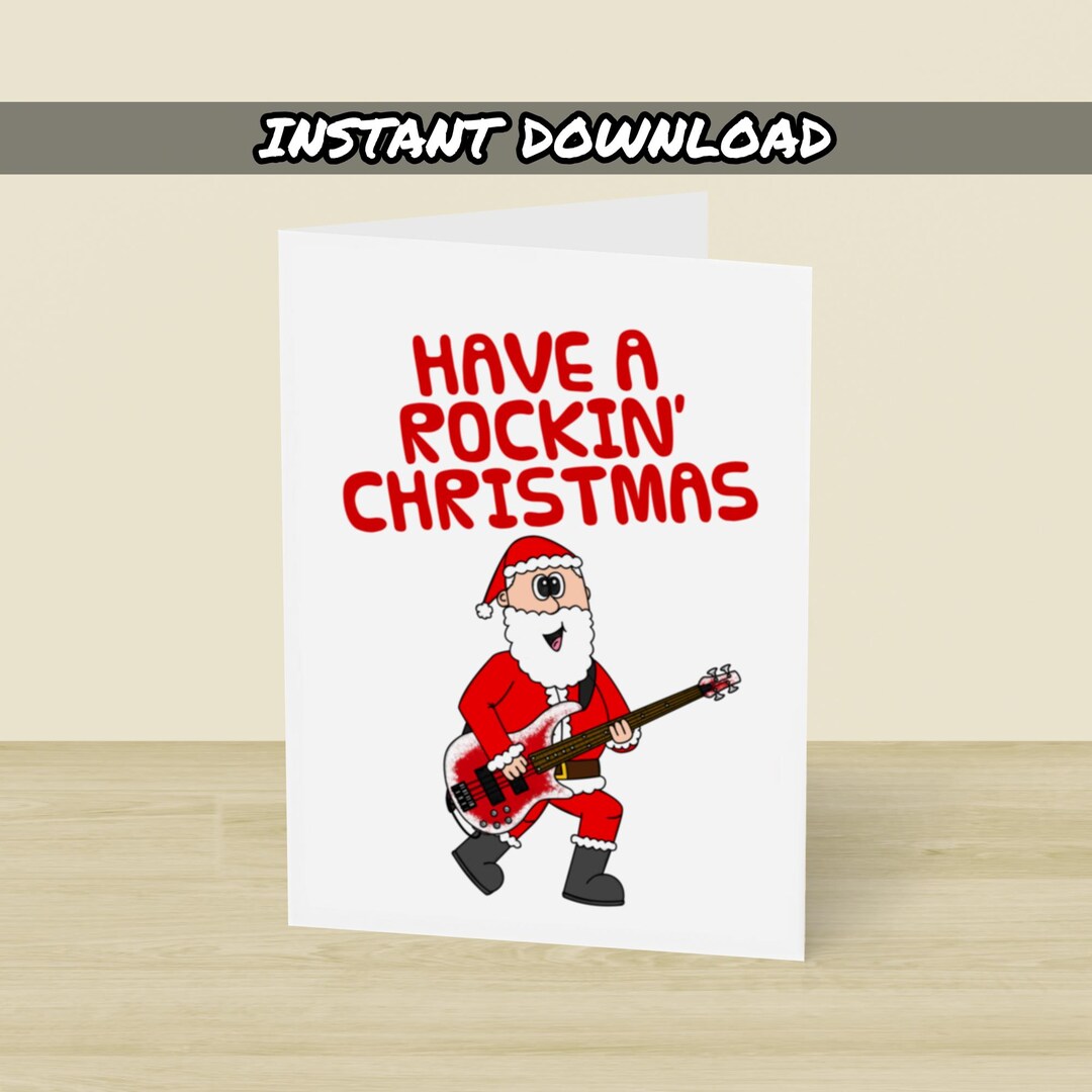 Printable Bass Christmas Card, Santa Playing Bass Guitar, Instant ...