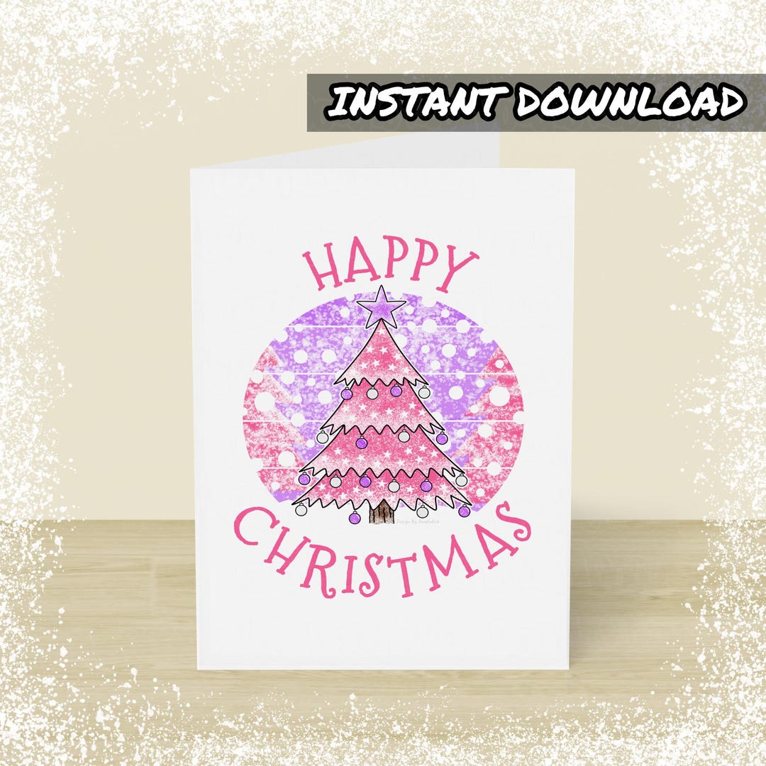 Printable Christmas Card for Girl, Pink Christmas Tree, Printable Xmas ...
