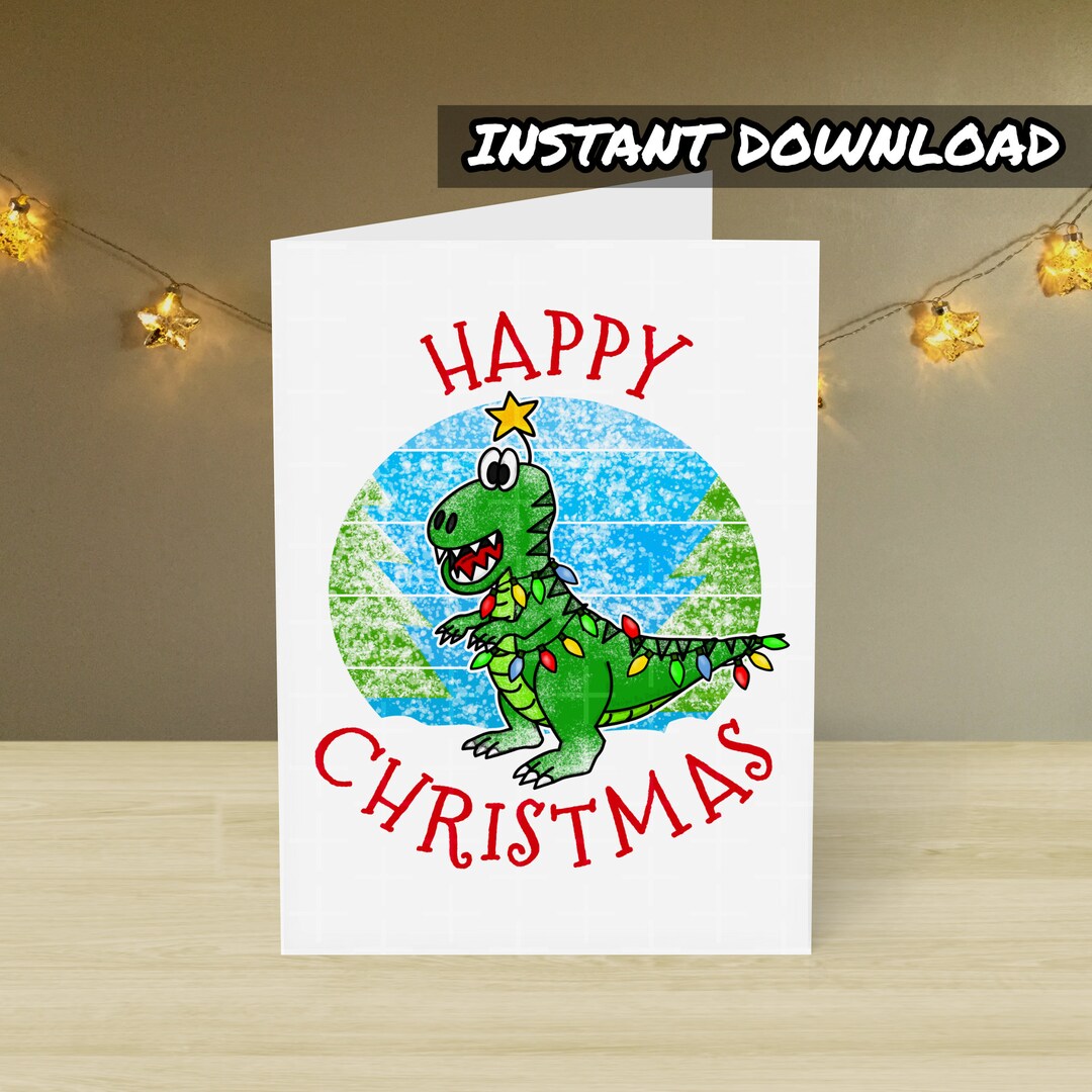 Printable Dinosaur Christmas Card, Printable Xmas Card, Instant ...
