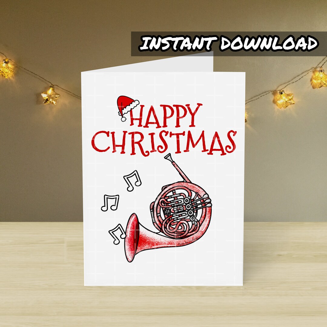 Printable French Horn Christmas Card, Printable Xmas Card, Instant ...
