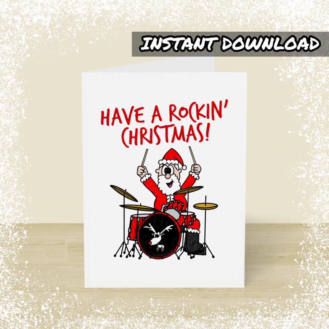 Printable Drummer Christmas Card, Santa Playing Drums, Printable Xmas ...