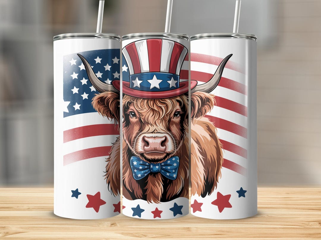 Patriotic Highland Cow 20oz Tumbler Wrap, 4th of July PNG, Uncle Sam ...