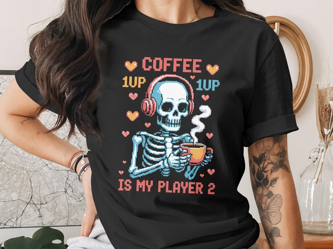 Coffee 1UP Skeleton Digital PNG, Funny Gamer Design, Pixel Art Print ...
