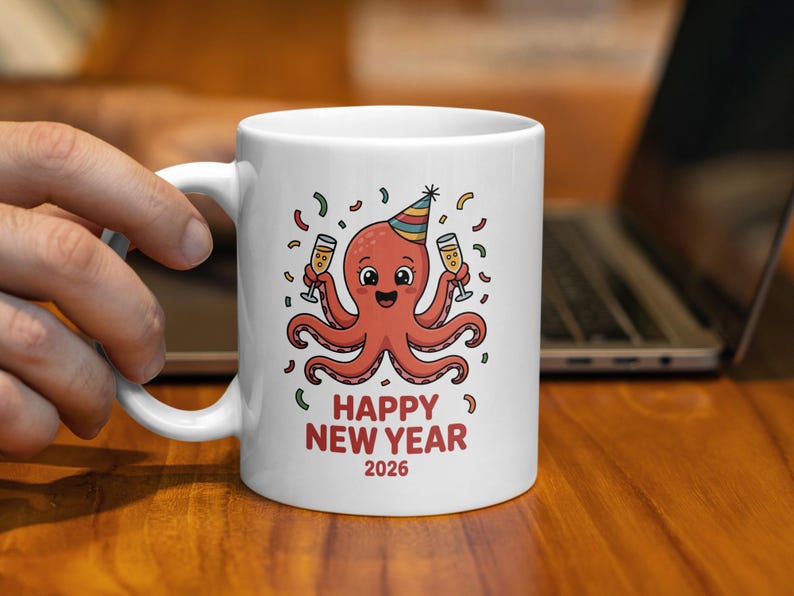 Happy New Year 2026 Octopus Mug, Cute Animal Art Coffee Cup, Unique ...
