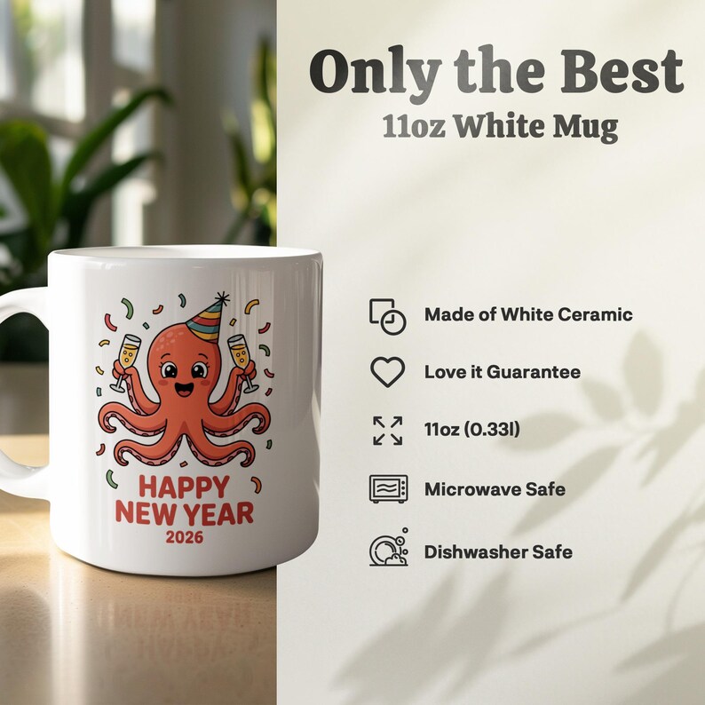 Happy New Year 2026 Octopus Mug, Cute Animal Art Coffee Cup, Unique ...