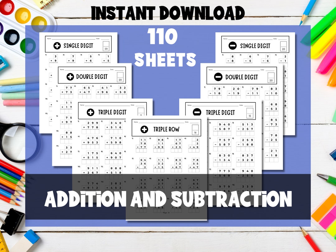 Addition & Subtraction Worksheets 110 Math Tests With - Etsy