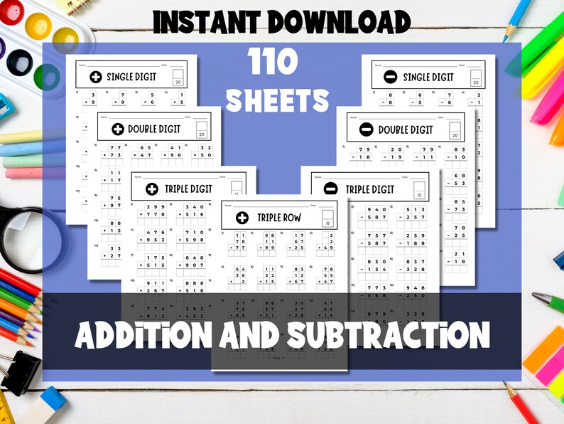 Addition & Subtraction Worksheets 110 Math Tests With - Etsy