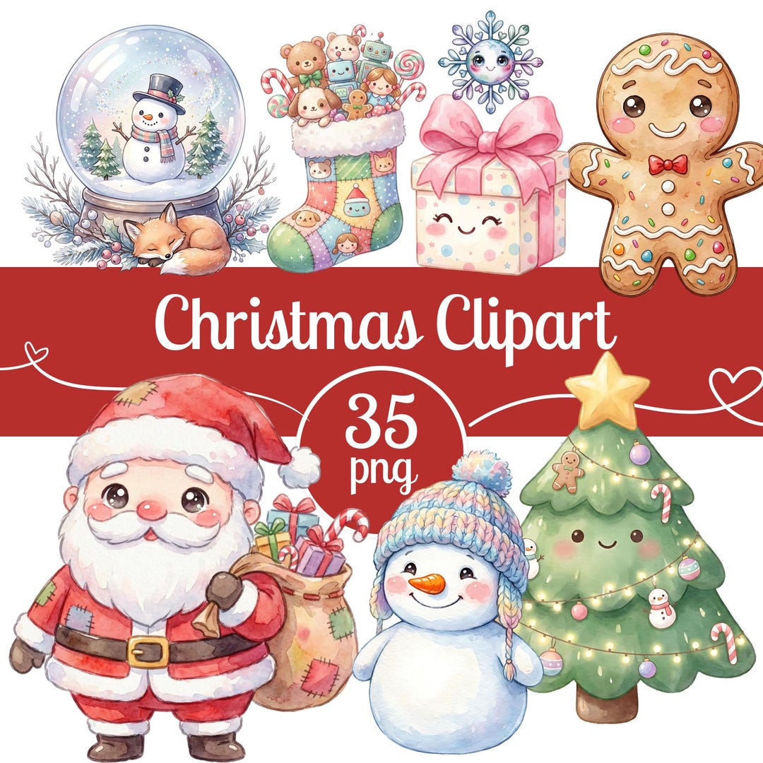 Kawaii Watercolor Christmas Clipart Set – 35 Cute Holiday Pngs | Santa ...