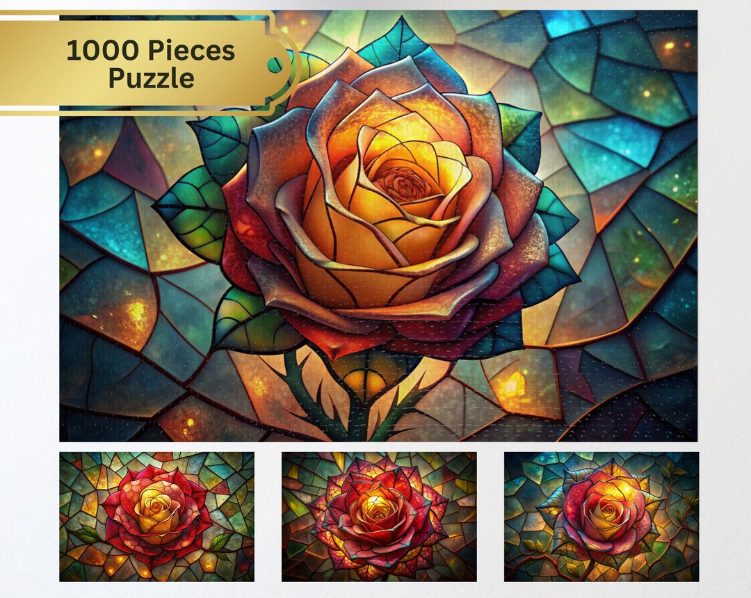 Rose Mosaic Jigsaw Puzzle 1000 Piece Stained Glass Flower, Gift, Games ...