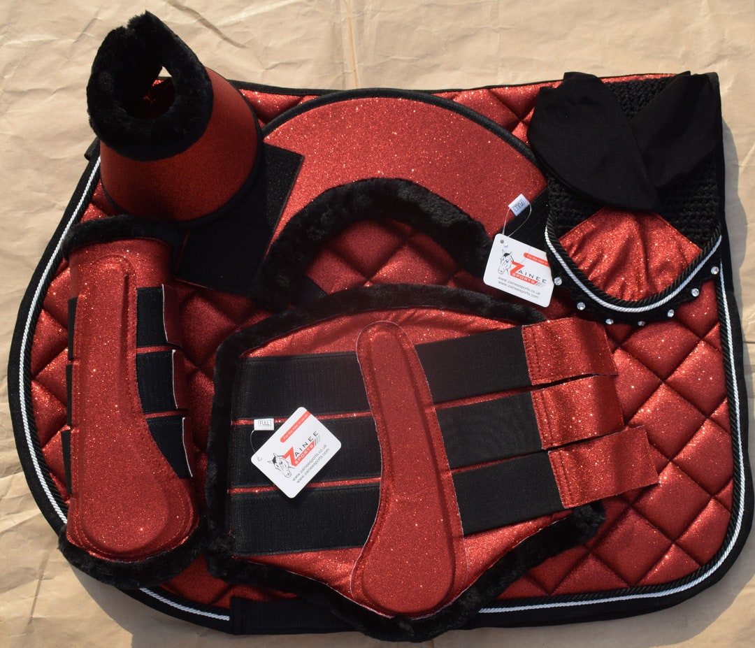 Handmade Glitter Red English Saddle Pad With Matching Fly Bonnet ...