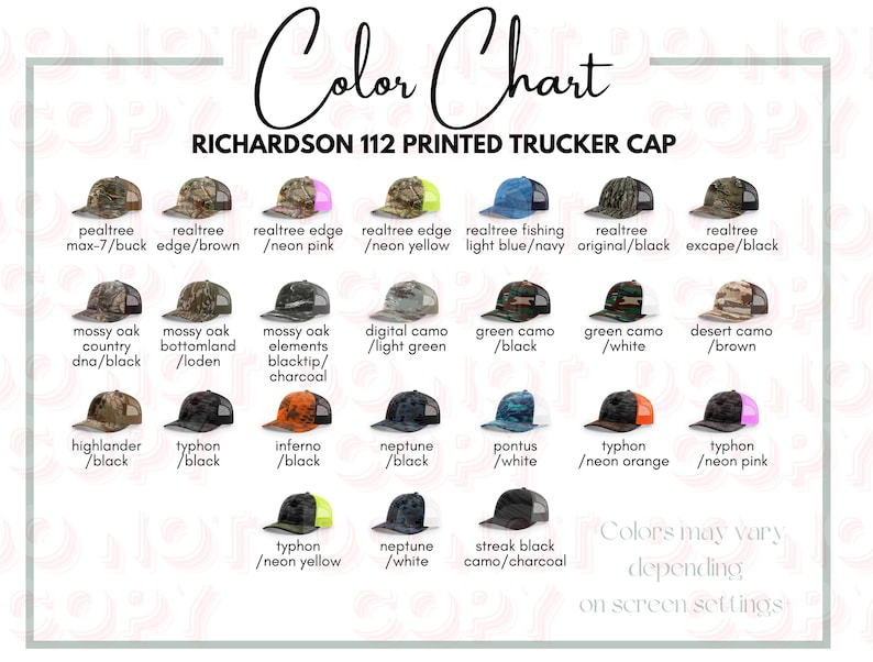 CANVA EDIT - Richardson 112P Printed Trucker Hat Color Chart ...