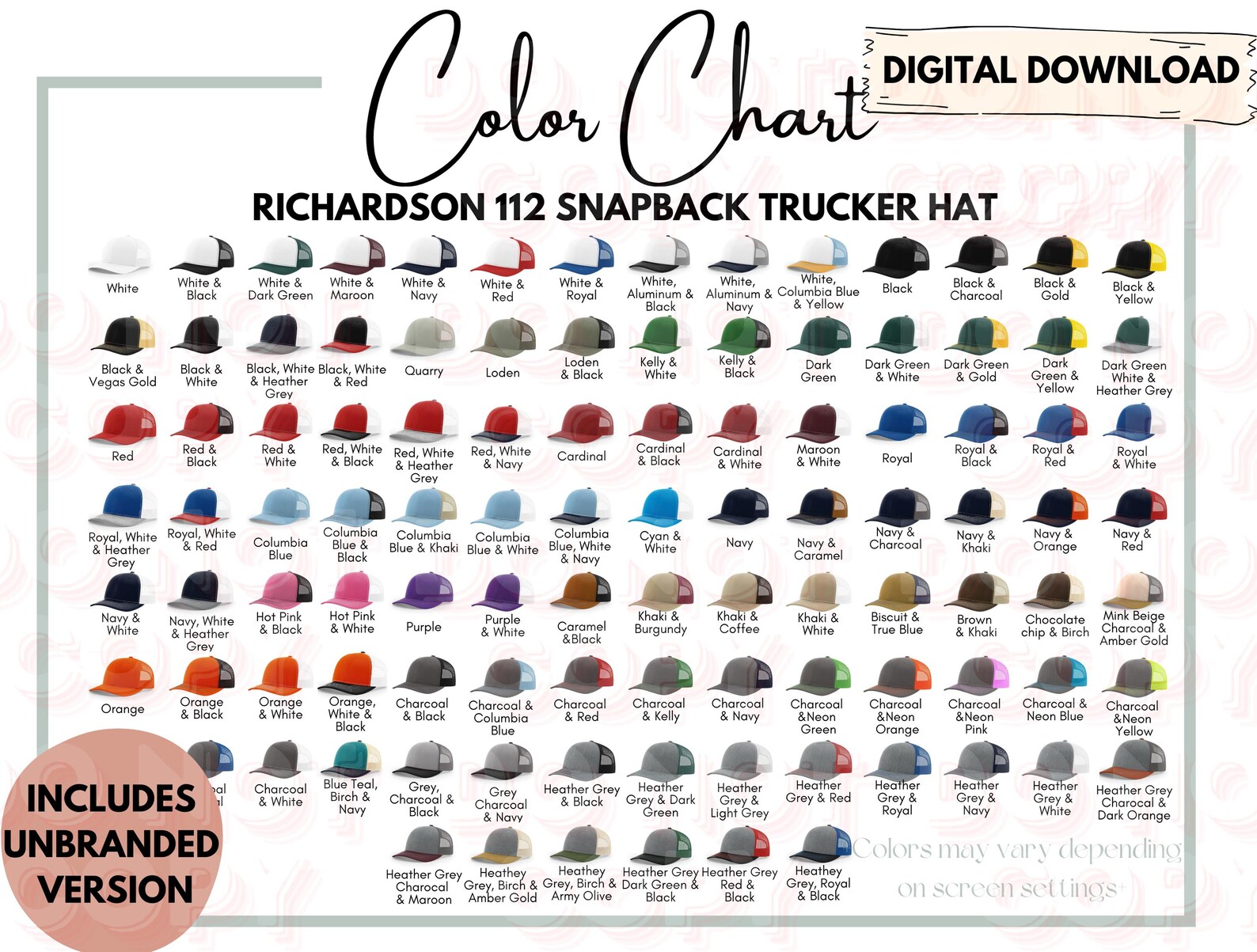 Richardson 112 Hat Color Chart: Snapback Trucker CANVA EDIT - Etsy