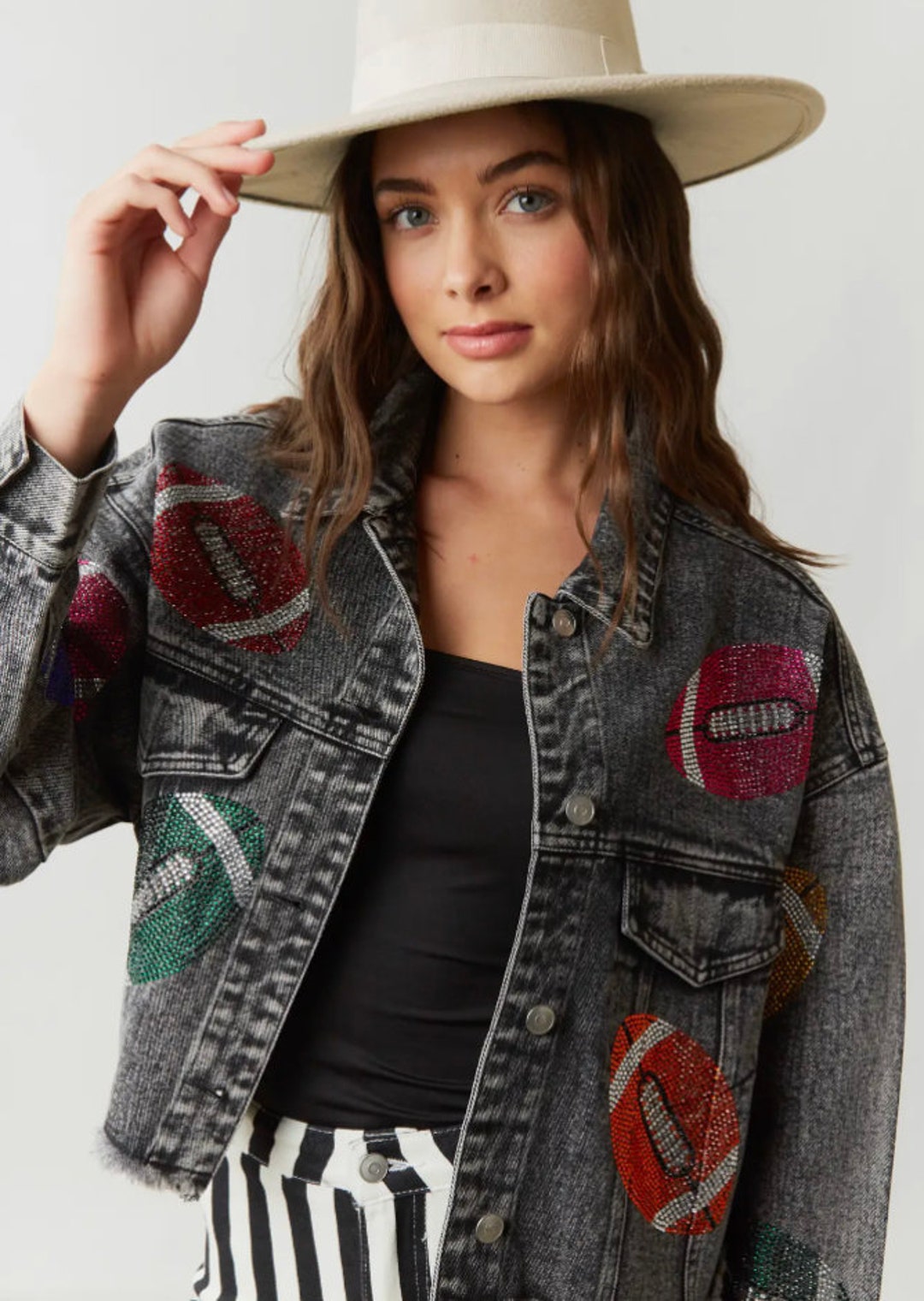 Rhinestone Football Jacket, Football Rhinestones Patch Denim Jacket ...