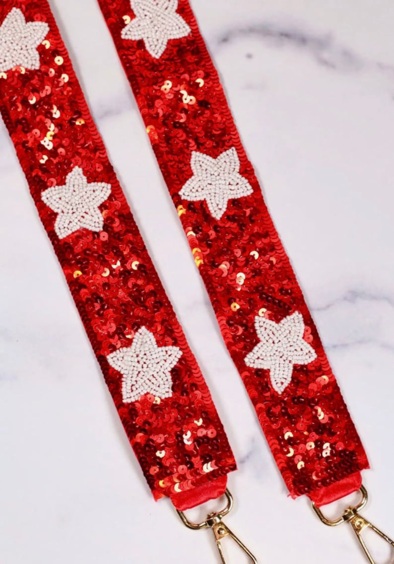 Star Sequin Crossbody Strap RED WHITE, Beaded Bag Strap, Game Day Bag ...