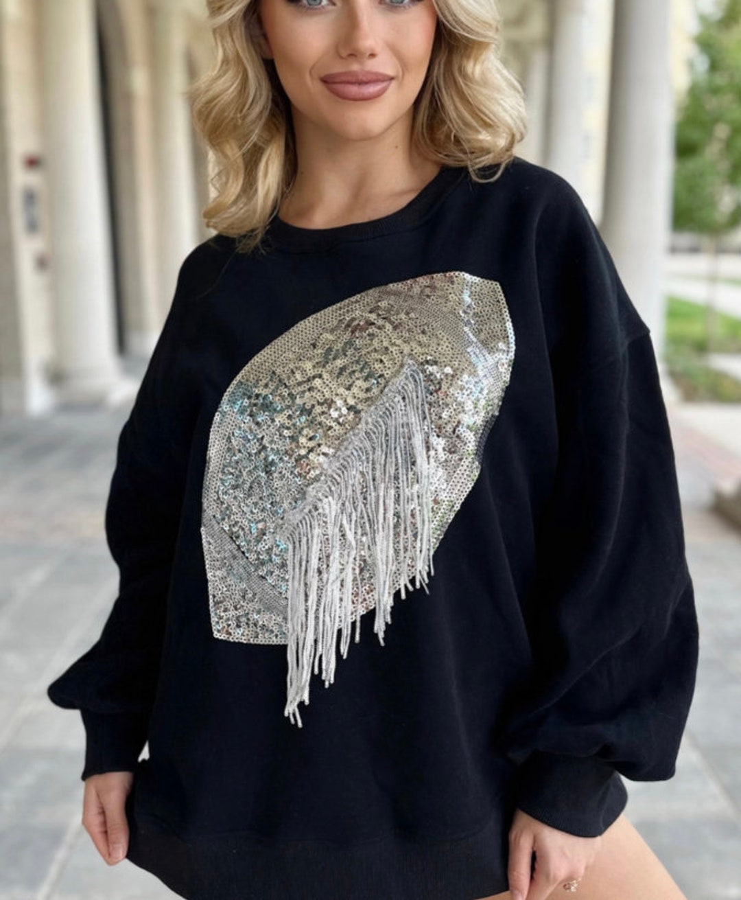 Black and Silver, Sequin Fringe Football Pullover, Sequin Football ...