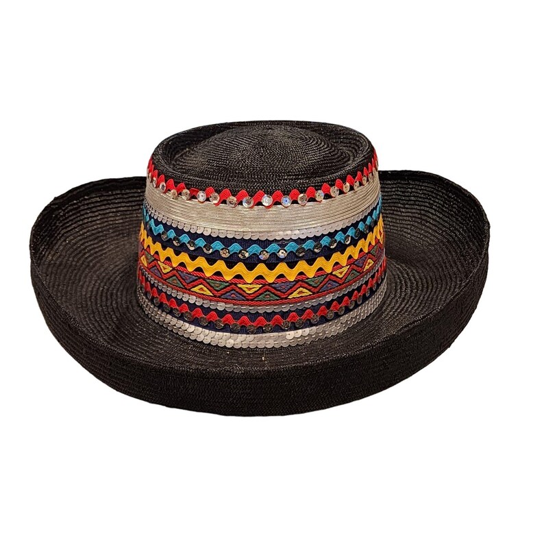 Vintage Black Straw Concho Hat: Aztec Ribbon Western Festival Style - Etsy