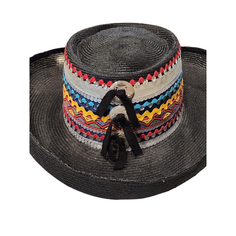 Vintage Black Straw Concho Hat: Aztec Ribbon Western Festival Style - Etsy