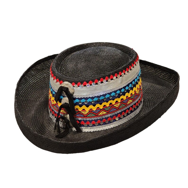 Vintage Black Straw Concho Hat: Aztec Ribbon Western Festival Style - Etsy