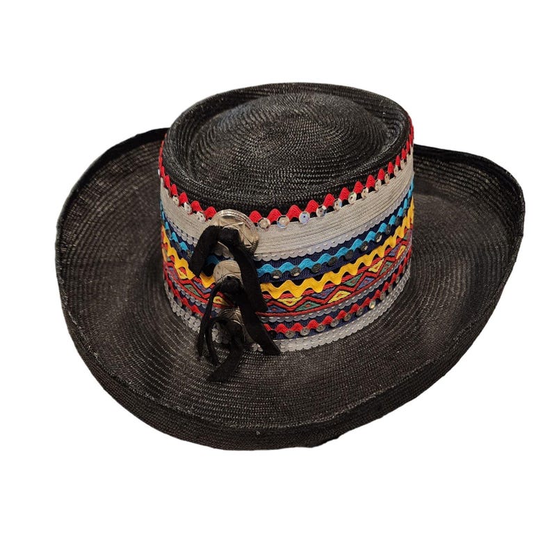Vintage Black Straw Concho Hat: Aztec Ribbon Western Festival Style - Etsy