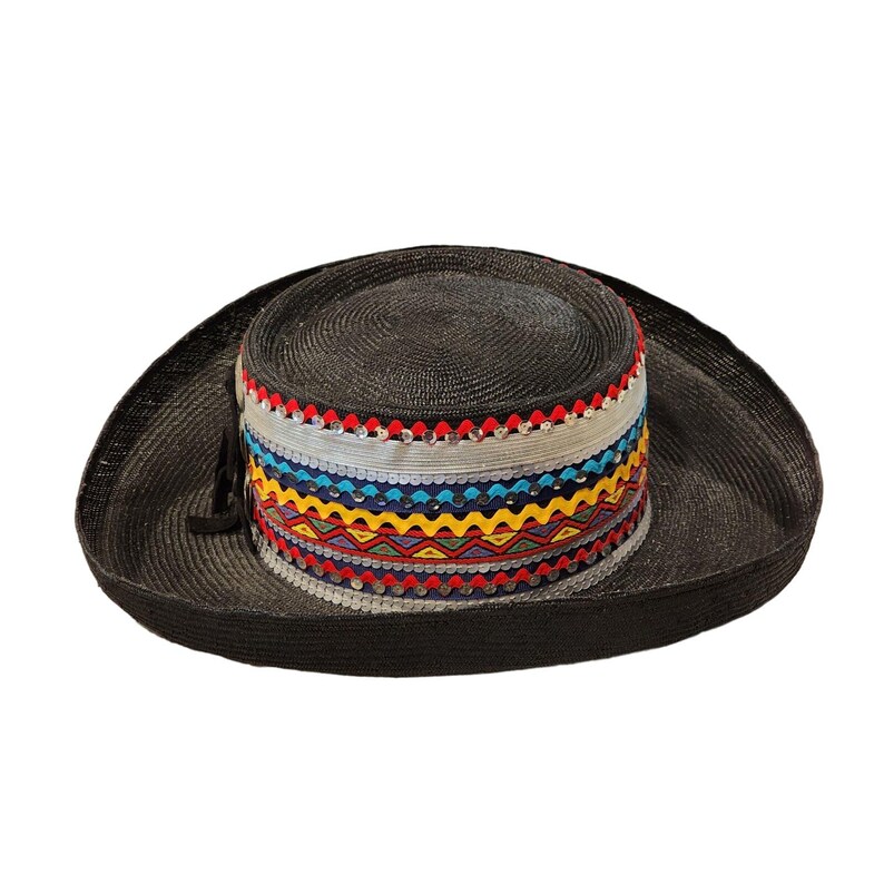 Vintage Black Straw Concho Hat: Aztec Ribbon Western Festival Style - Etsy