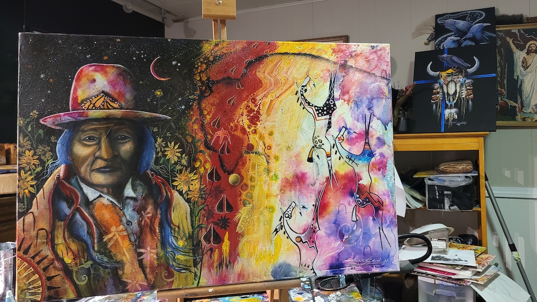 Sitting Bull Portrait: Ledger Style Horses, Buffalo Tracks (24x36) - Etsy