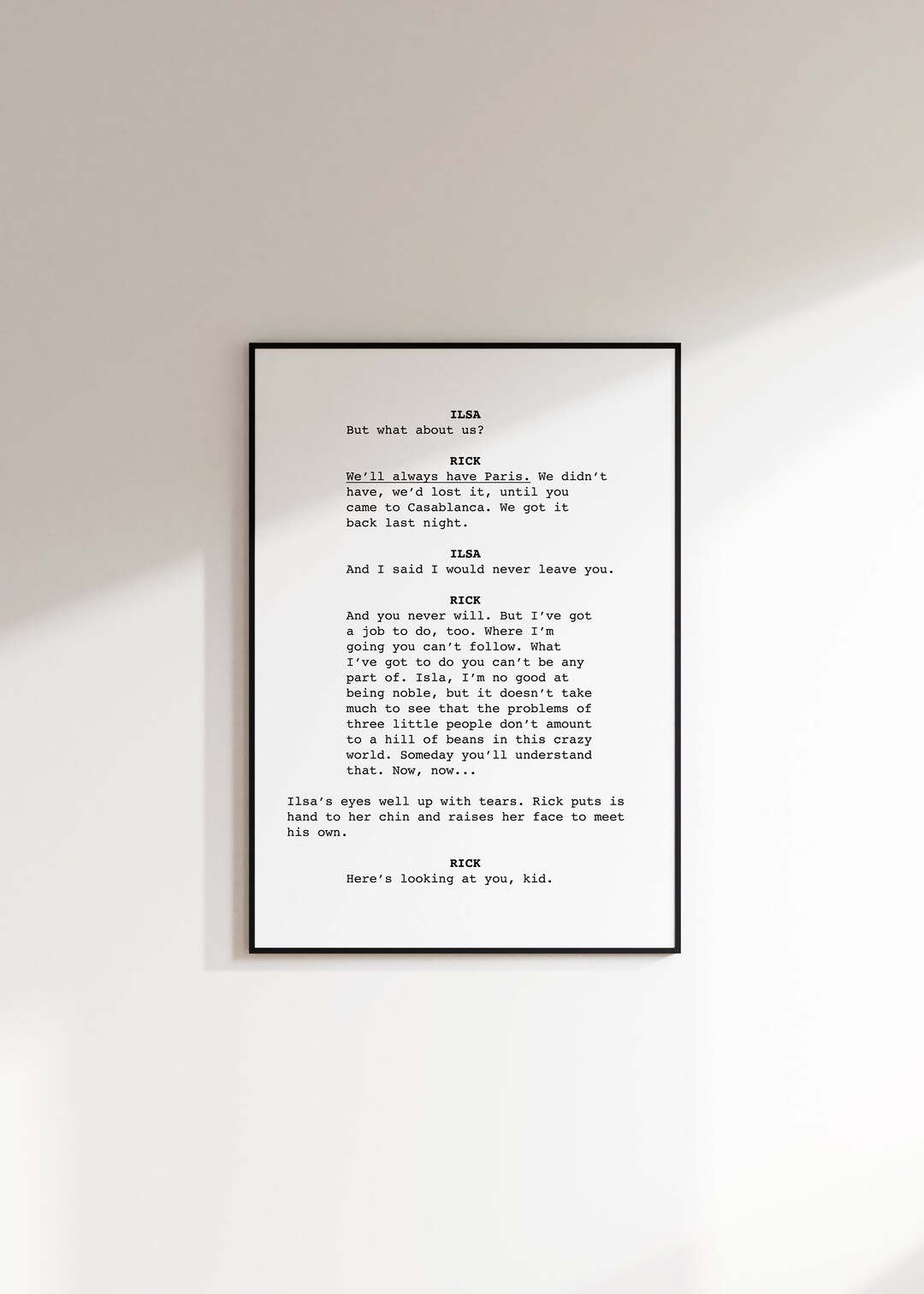Arte imprimible del guión de Casablanca, siempre tendremos París ...