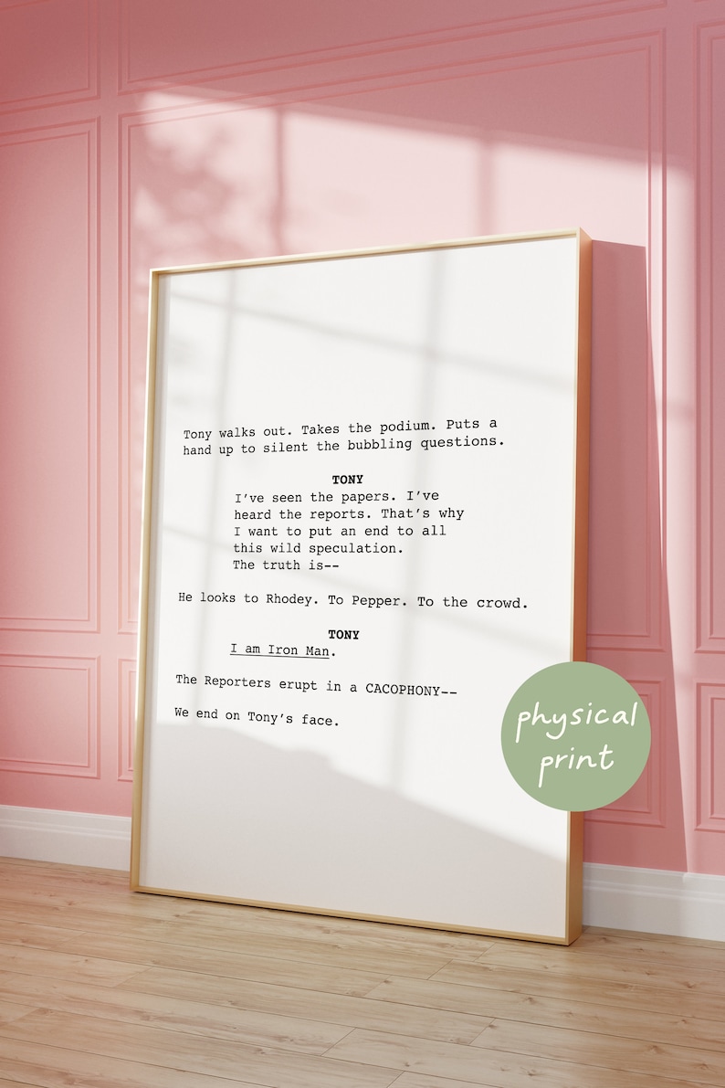 Iron Man Ending Scene Screenplay Poster, i Am Iron Man Marvel Wall Art ...