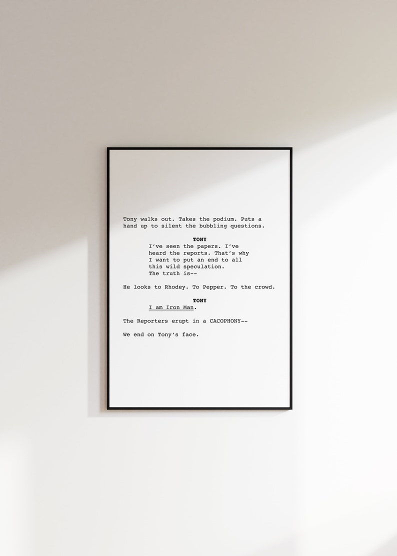 Iron Man Ending Scene Screenplay Poster, i Am Iron Man Marvel Wall Art ...