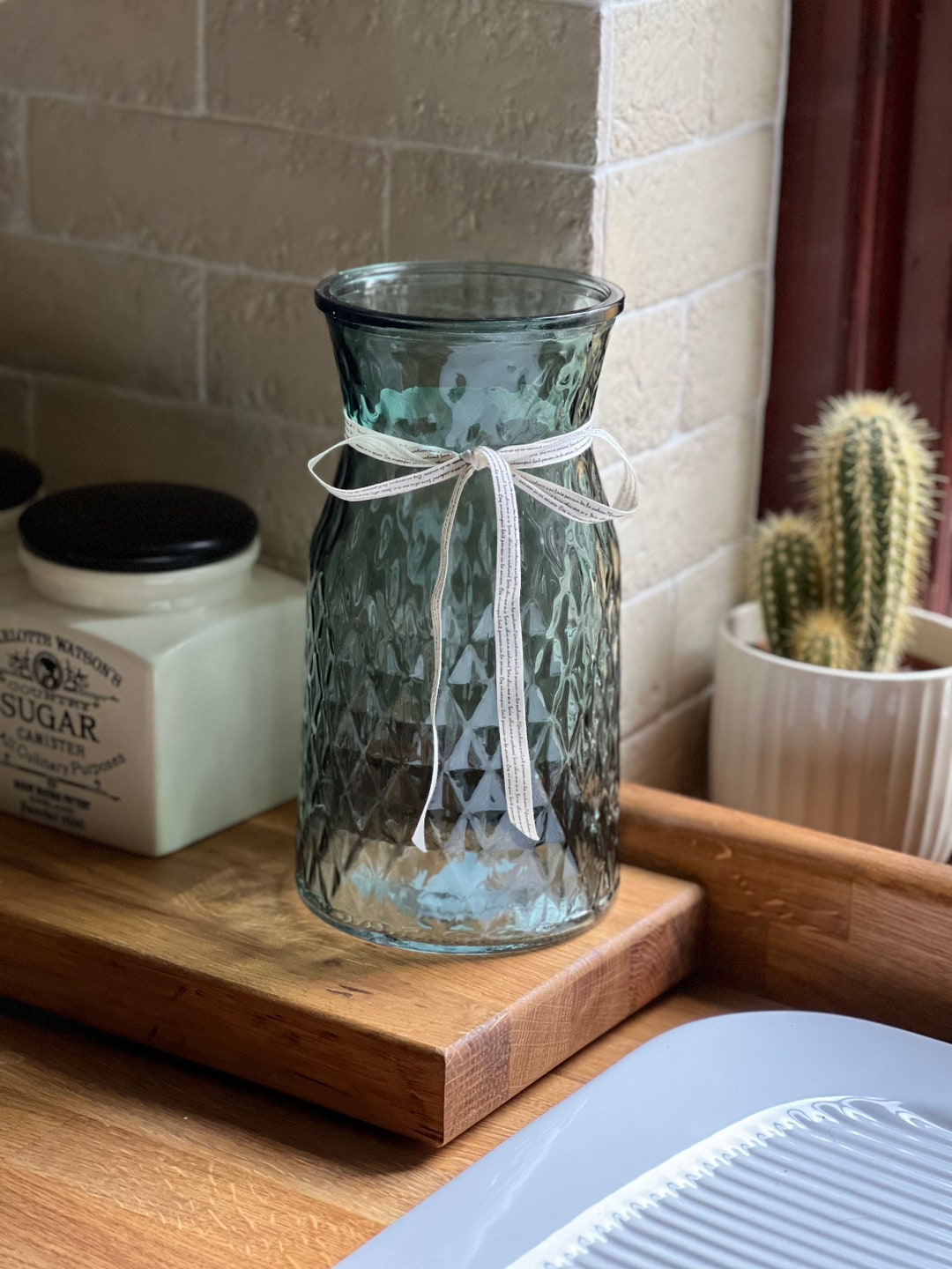 Large Blue Glass Vase Rustic Glass Vase With Ribbon Diamond - Etsy