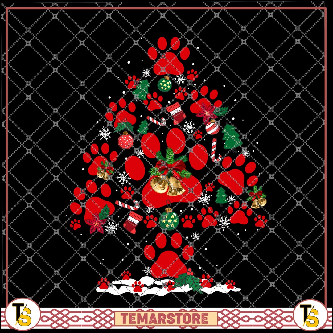 Dogs Tree Merry Christmas, Xmas Red Tree Dog Paw, Red Ornament With ...